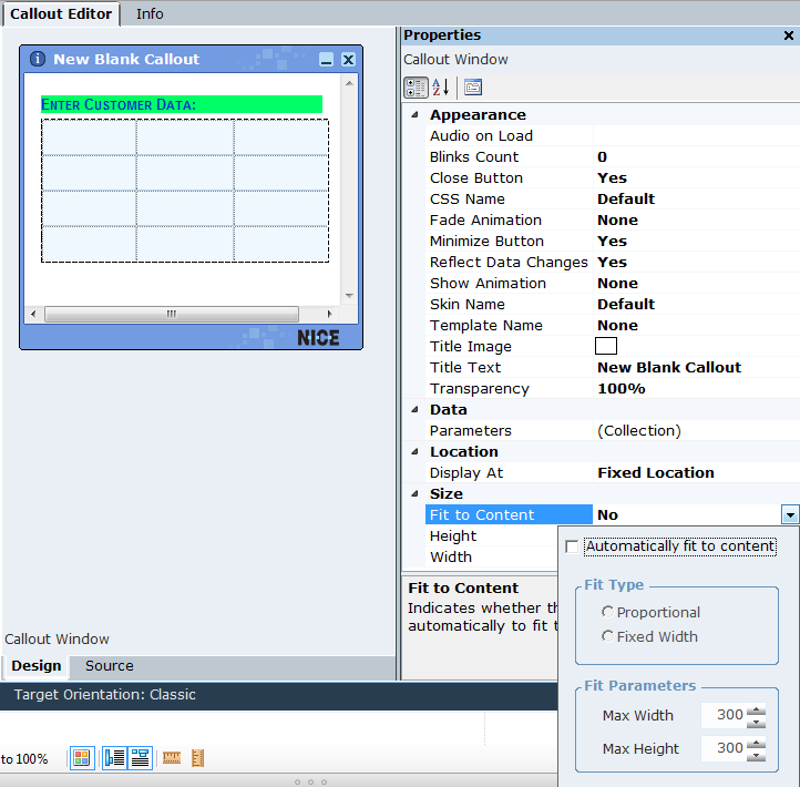 Callout Size Properties
